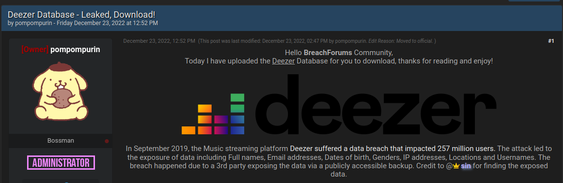 Vazamento de dados de 257 milhões de contas do Deezer - Tech Security